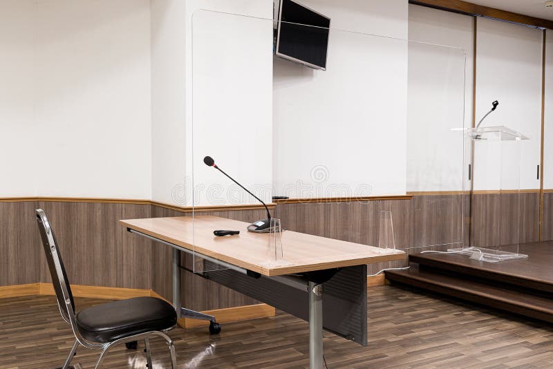Conference Table with Clear Plastic Partition To Prevent Covid-19 Stock ...