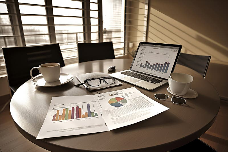 Conference Table with Laptops and Chairs, Charts and Documents ...