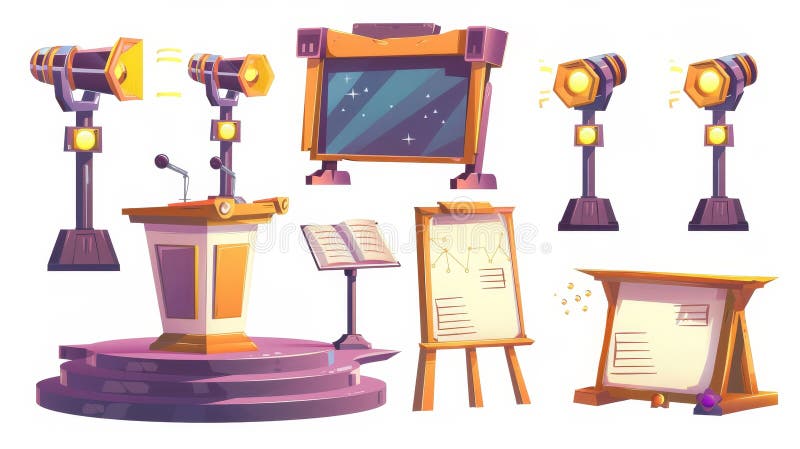 A Conference Table with Microphone and Flip Chart, Stage with ...