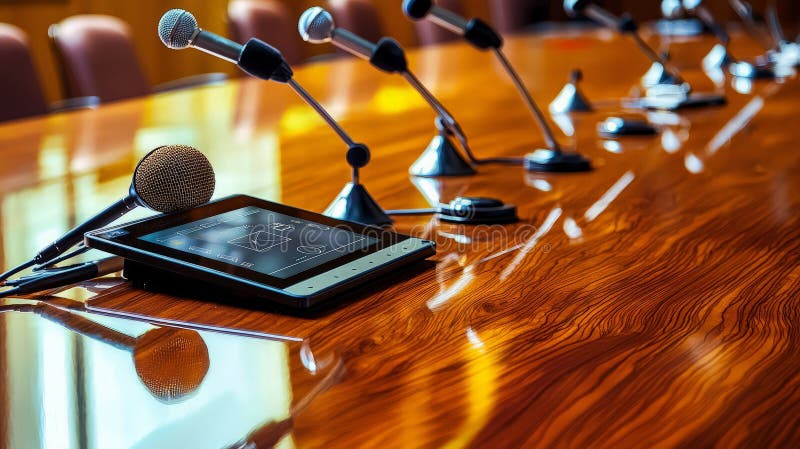 Conference Table with Microphones Stock Image - Image of communication ...