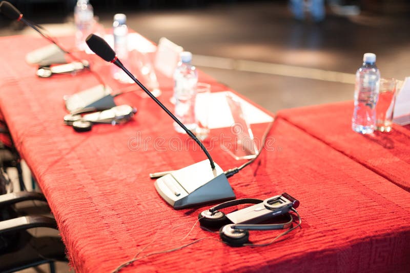 Conference Table with Microphones Stock Image - Image of learning ...