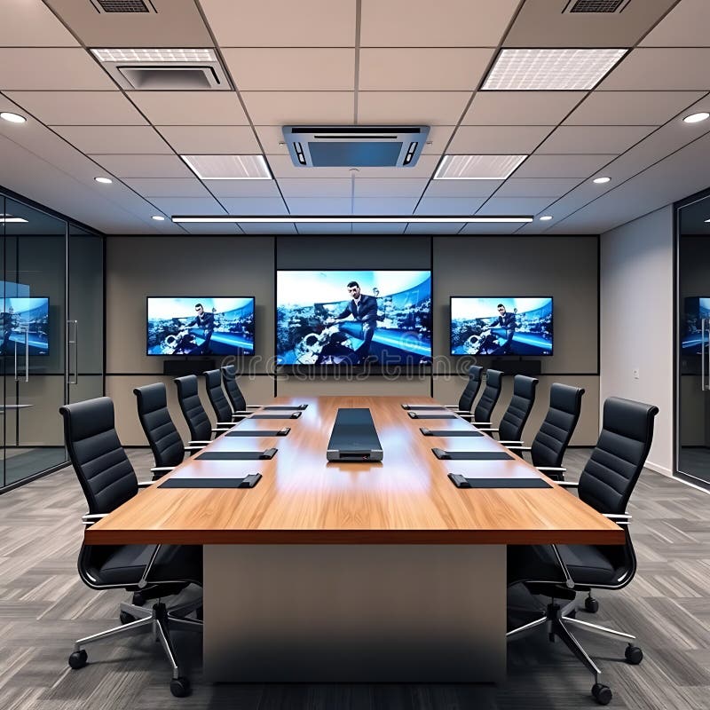 A Conference Table in a Modern High Tech Meeting Room with Multiple ...