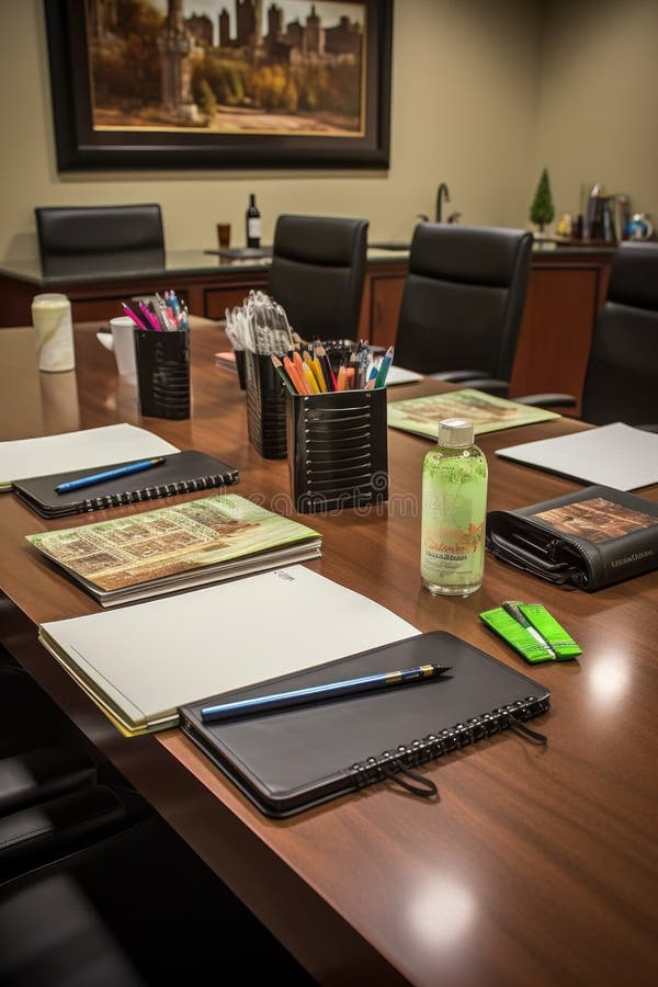Conference Table with Notebooks, Pens, and Refreshments Stock ...