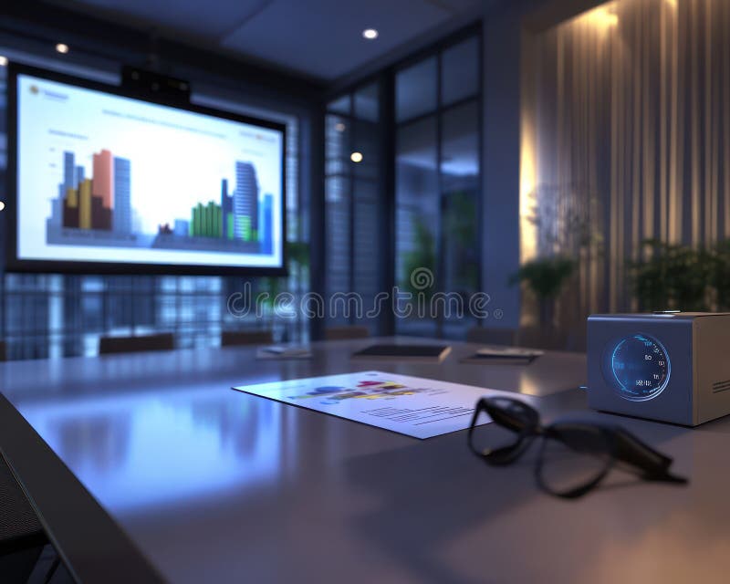 Conference Table with a Projector and a Large Screen Displaying a ...