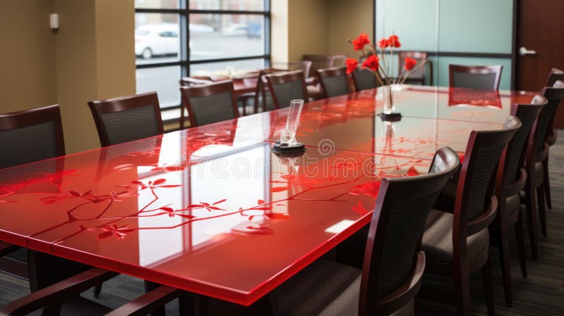 A Conference Table with Red Glass Top and Chairs, AI Stock Photo ...