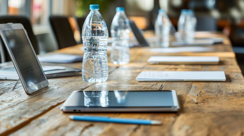 Conference Table Setting with Tablets and Water Bottles Stock ...