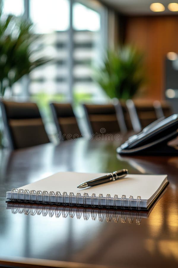 Conference Table Setup, a Close-up View of a Blank Spiral Notebook, a ...