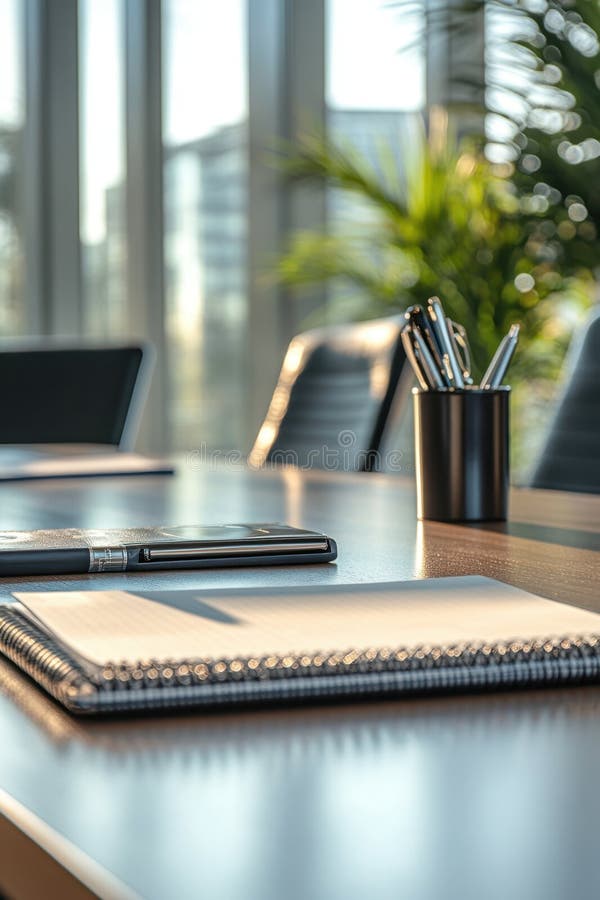Conference Table Setup, a Close-up View of a Blank Spiral Notebook, a ...