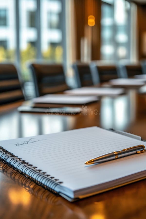 Conference Table Setup, a Close-up View of a Blank Spiral Notebook, a ...