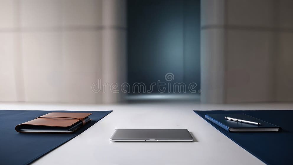 Conference Table Setup with Notebooks and Tablet in a Modern Office ...