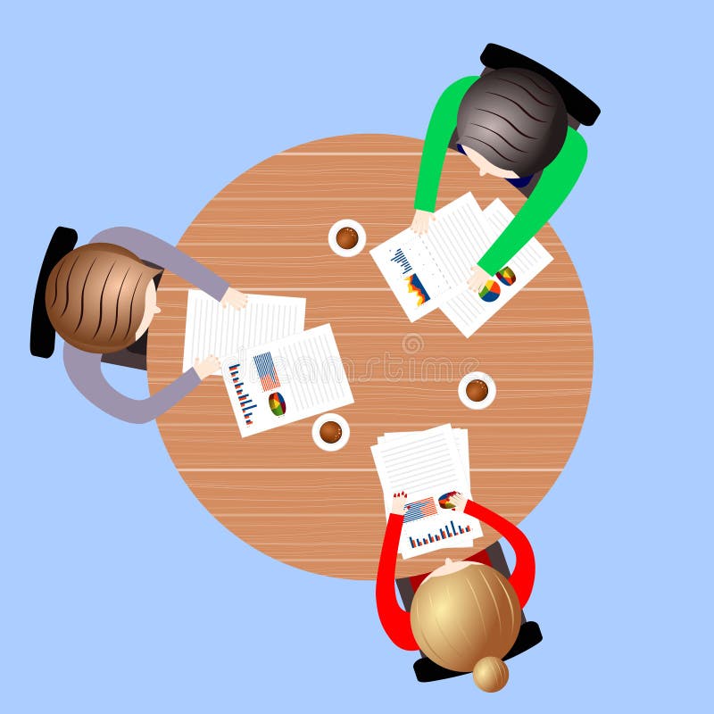 Conference Table, Teamwork Concept - Top View, Blue Background Stock ...