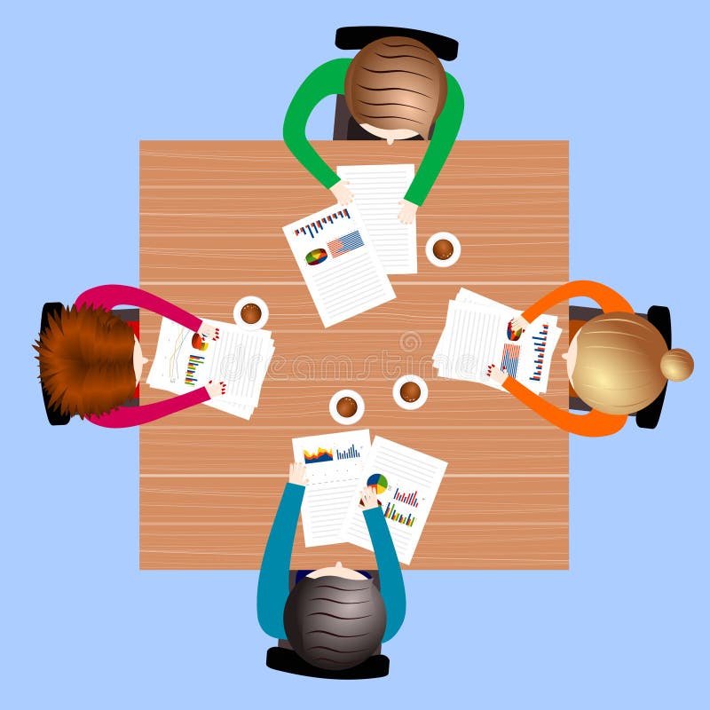 Conference Table, Teamwork Concept - Top View, Blue Background Stock ...