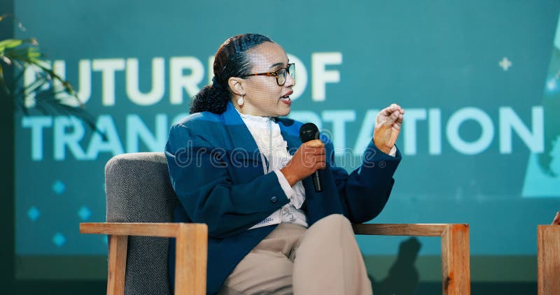 Conference, Woman and Speaker on Stage for Talk, Speech or Discussion ...