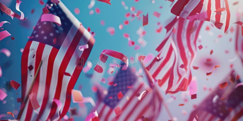 Confetti and American Flags Falling from the Sky, Celebration Scene ...