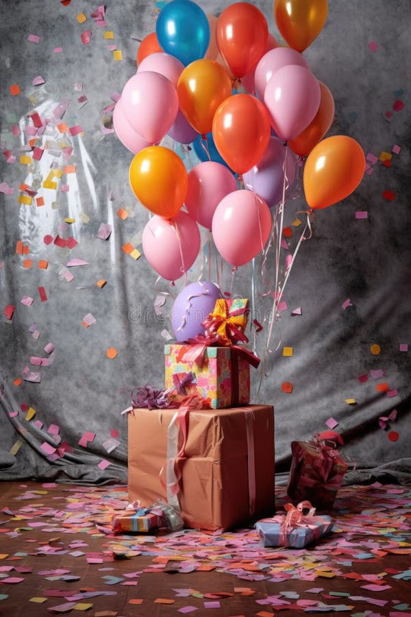 Confetti and Balloons Surrounding a Birthday Present Stock Illustration ...