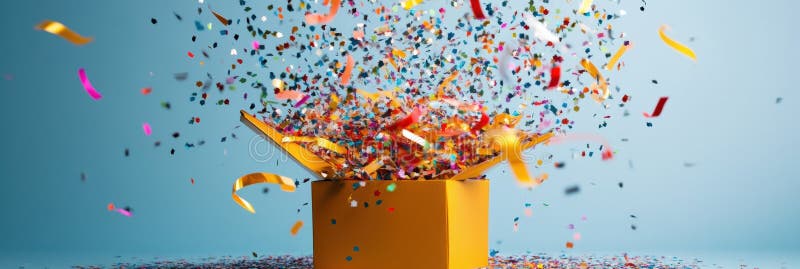 Confetti and Colorful Ribbons Explode from an Open Gift Box, Creating a ...