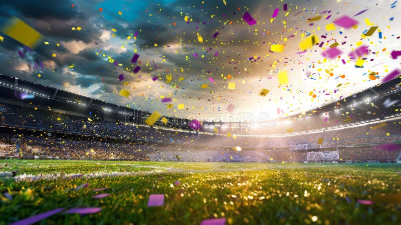 Confetti and Fireworks Fill the Sky Over a Sunlit Stadium with a ...