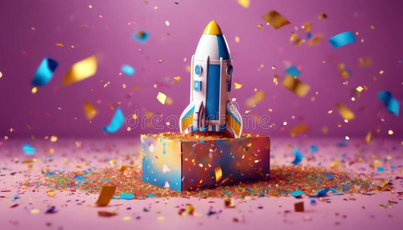 Confetti Gift Opened Render Confetti Launch Space 3d Rocket Box Three ...
