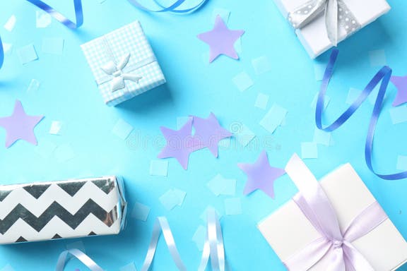Confetti, Party Streamers and Gift Boxes on Light Blue Background, Flat ...