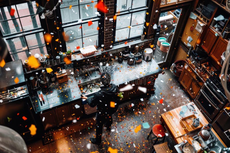 Confetti Raining Down in a Rustic Industrial Style Kitchen with Big ...
