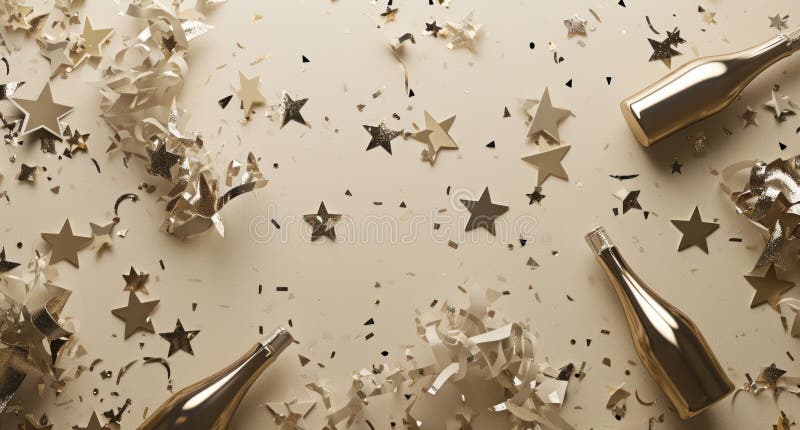 Confettis, Gold Bottles, Silver Stars, and Paper Confetti Stock Image ...