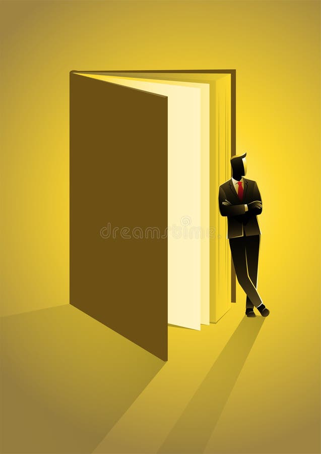 Confidence Businessman Leaning on a Giant Book Stock Vector ...