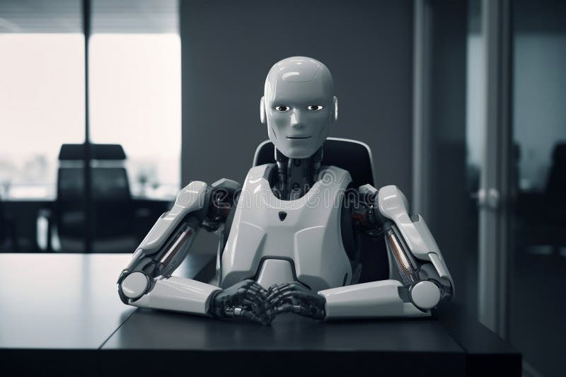 Confident Android Robot Manager Sitting in the Office Behind a Table ...