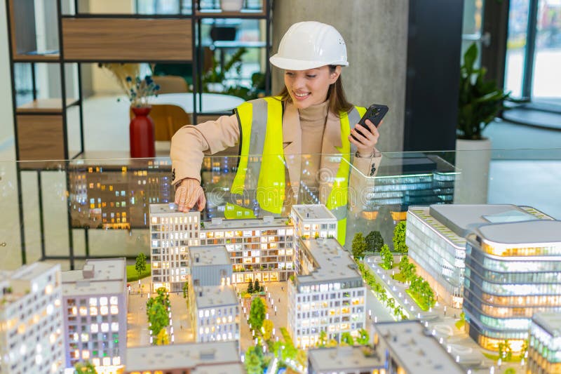 Confident Architect in Hardhat Using Smartphone while Analyzing Office Complex Model at ...