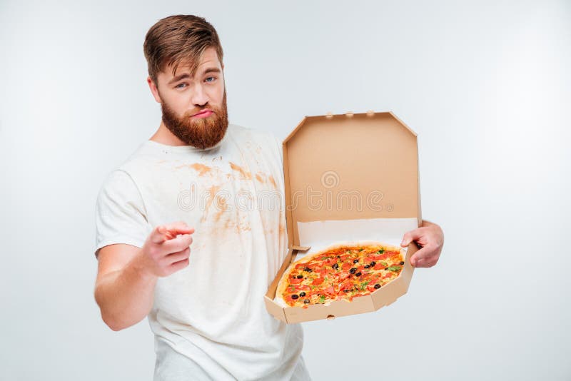 Confident Bearded Man Holding Pizza Box Pointing Camera Stock Photos ...