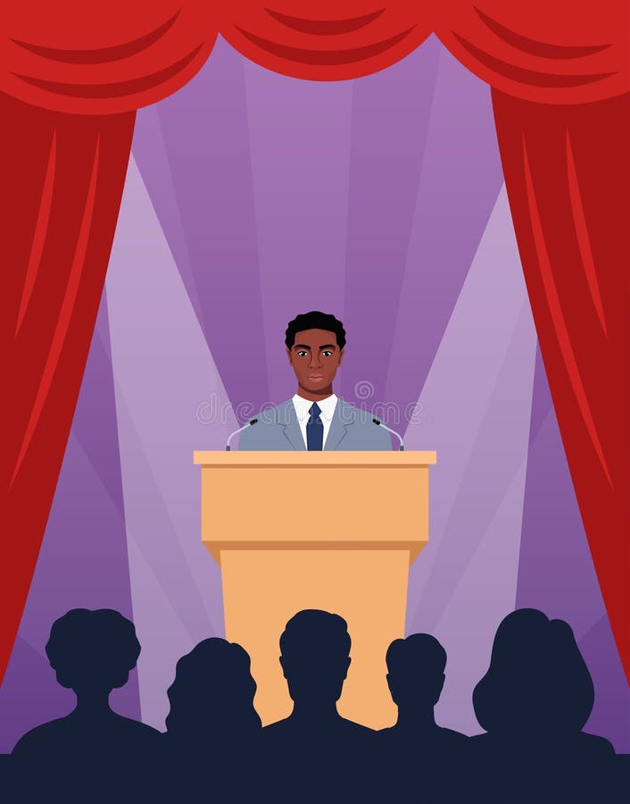 Confident Black Man Behind Podium during Stage Speech. Speaker Talking ...