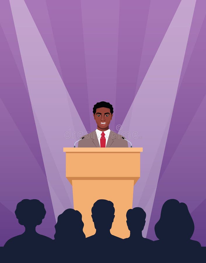 Confident Black Man Behind Podium during Stage Speech. Speaker Talking ...