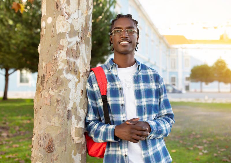 Confident Black Student Guy Posing with Backpack Outside University ...