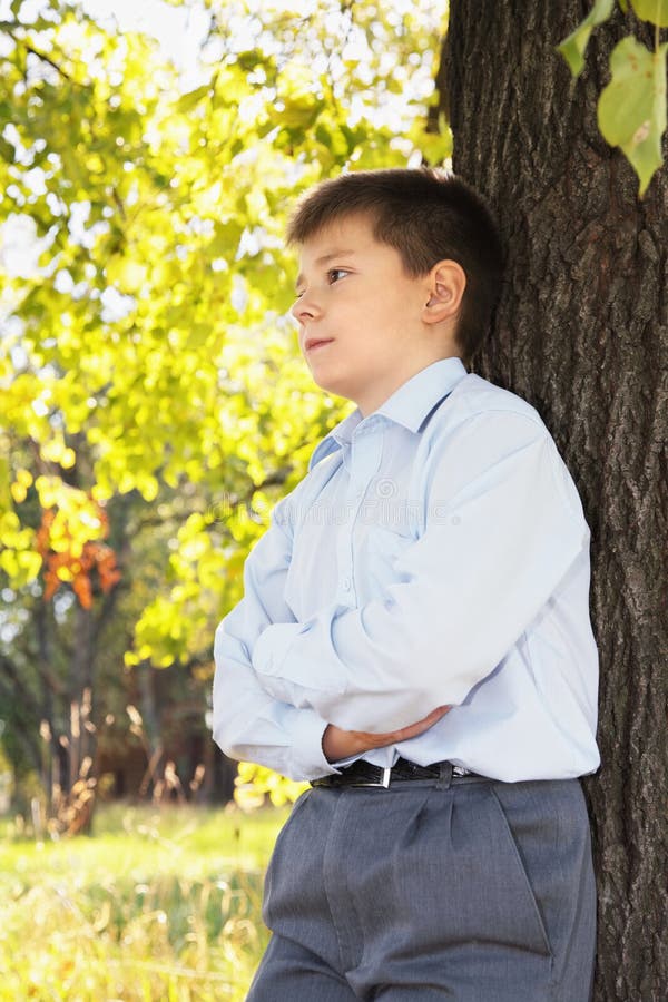 Confident boy at tree stock photo. Image of closeup, arms - 16361354