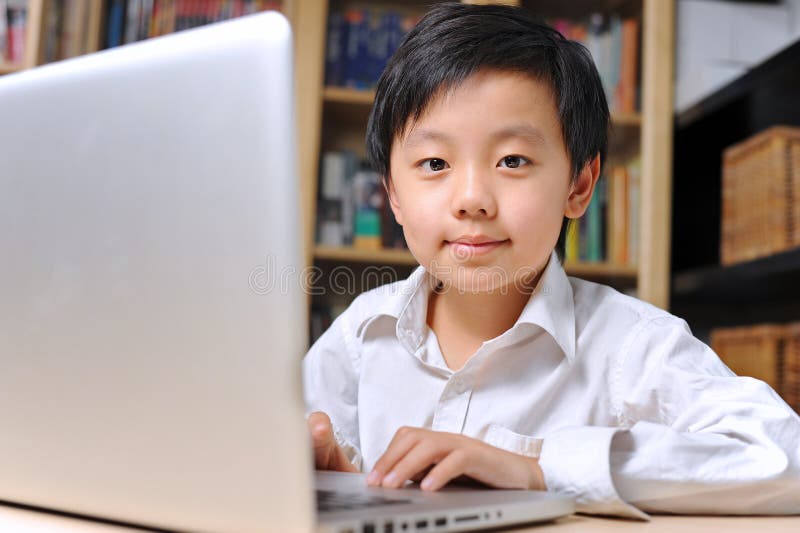 School Boy in White Shirt in Front of Laptop Computer Stock Photo ...