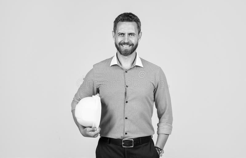 Confident Business Boss with Beard and Bristle Hold Hard Hat, Engineer ...