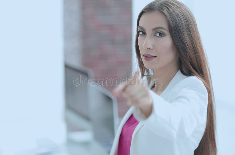 Confident Business Woman Pointing Finger Forward Stock Photo - Image of ...