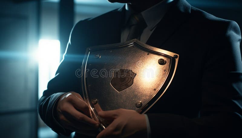 Confident Businessman Holding Shield, Symbolizing Security and Success ...