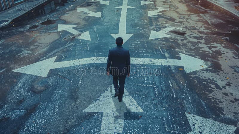 Confident Businessman Making a Decision on a Road with Multiple Arrows ...
