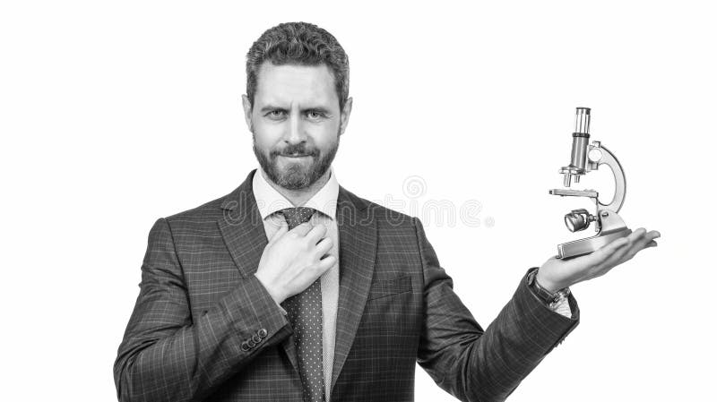 Confident Businessman Man in Suit Hold Microscope Isolated on White ...