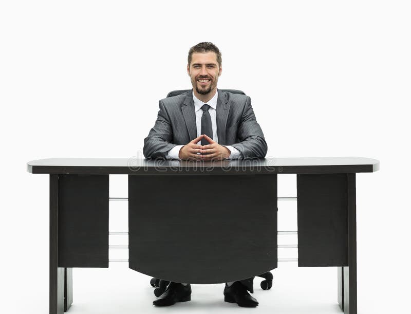 Confident Businessman Sitting Behind a Desk. Isolated on White Stock ... Confident Businessman Sitting Behind a Desk. Isolated on White Stock ...