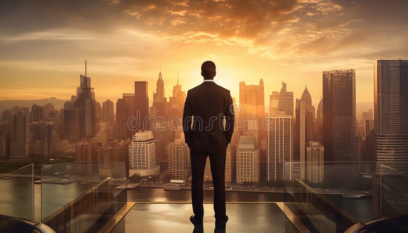 Confident Businessman Standing on Rooftop, Overlooking Urban Skyline at ...