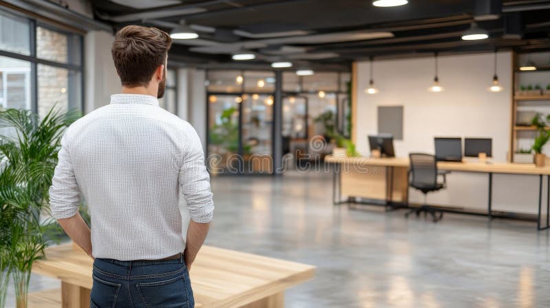 Confident Businessman Stands in Modern Open Plan Office Space ...