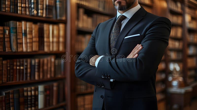 Confident Businessman in Suit Standing in a Classic Library,Symbolizing ...