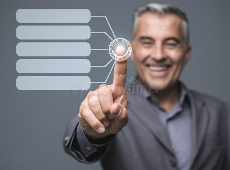 Businessman Using a Virtual Touch Screen Interface Stock Image - Image ...