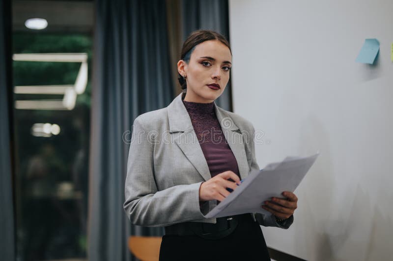 Confident Businesswoman Presenting Information in a Modern Office Space ...