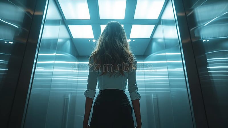 Confident Businesswoman Steps into Elevator in Modern Corporate ...