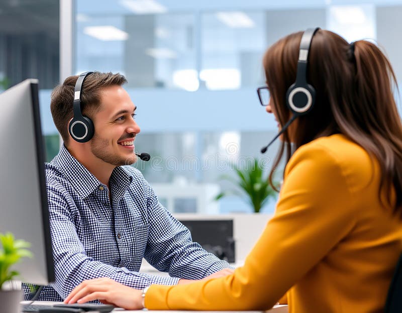 Confident Call Center Operator Engaging with Client Delivering ...