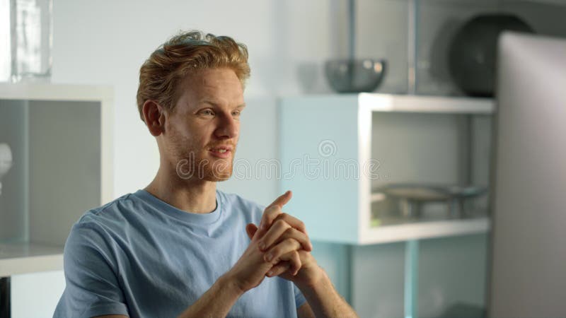 Confident Ceo Videocalling Online at Home Closeup. Ginger Manager Talk ...