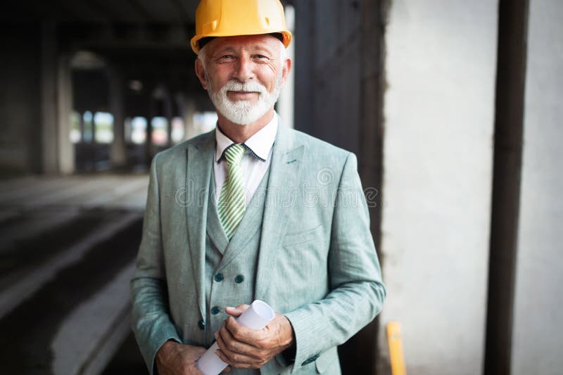Confident Construction Engineer, Architect, Businessman in Hardhat on ...