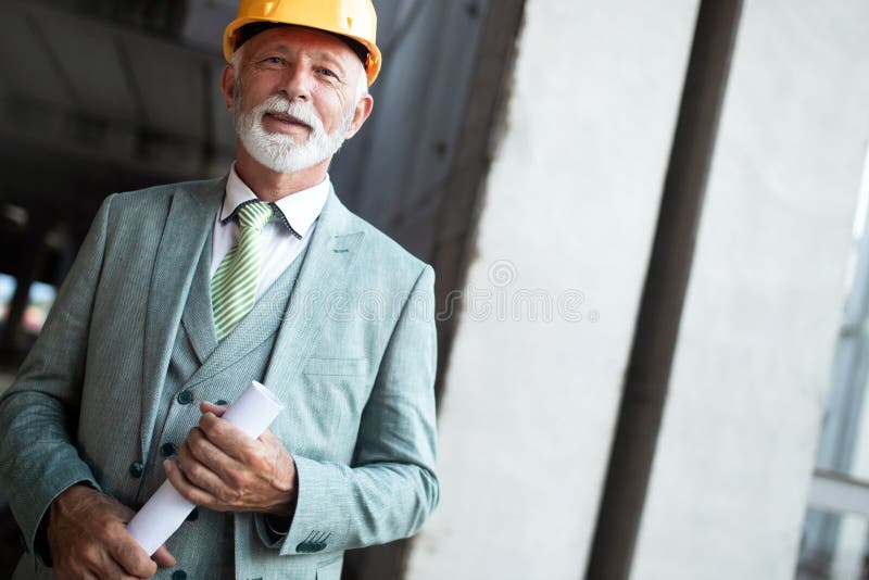 Confident Construction Engineer, Architect, Businessman in Hardhat on ...